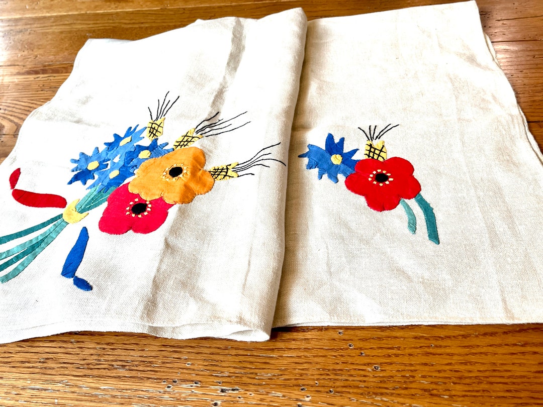 Vintage Linen, Applique Luncheon Tablecloth, Linen Cloth, Cotton ...