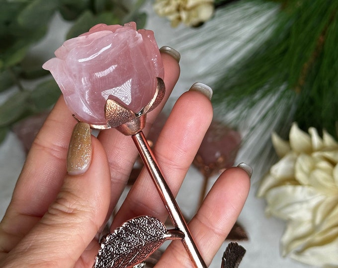 Rose Quartz Rose , Crystal Flower, With Copper Stem - Etsy