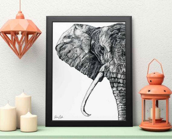 Elephant Stipple Print Black and White Pen & Ink | Etsy