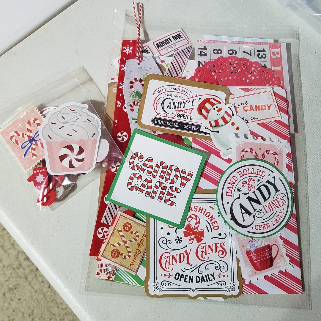 Candy Cane Junk Journal Kit, 50 Plus Items, Candy Cane Mystery Kit ...