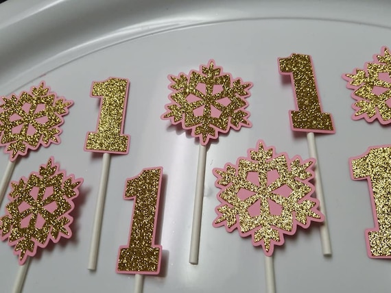 Pink and gold snowflake cupcake toppers pink and gold | Etsy
