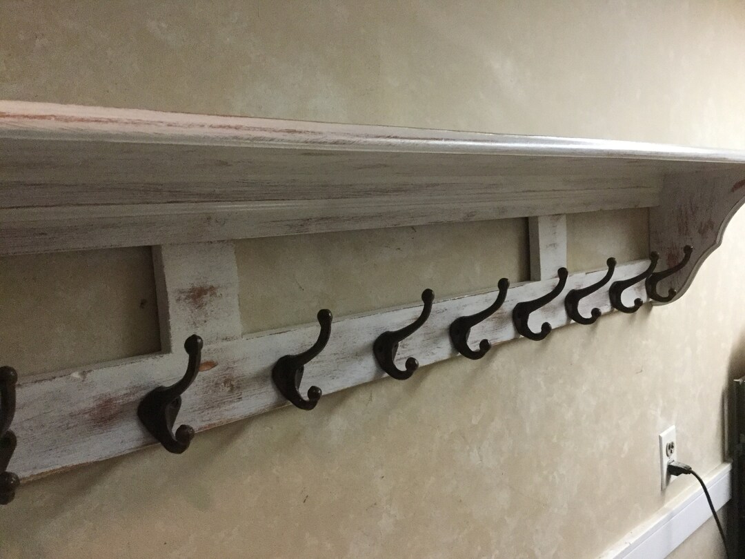 Handmade Wooden Distressed White Hat an Coat Rack With Large Shelf an ...