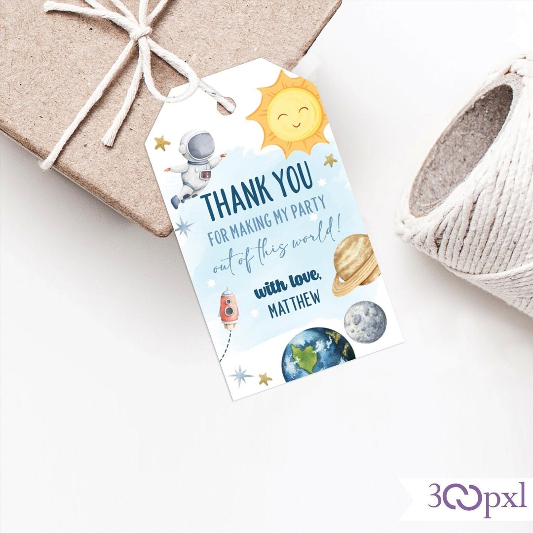 Editable Outer Space Party Tags First Trip Around the Sun Planets Blast ...