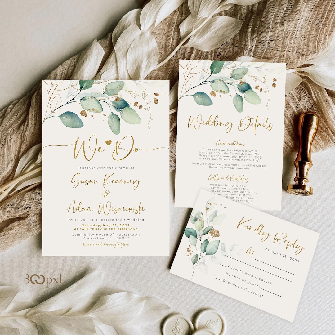 Eucalyptus Wedding Invitation Suite, Sage Green Gold Botanical Design ...