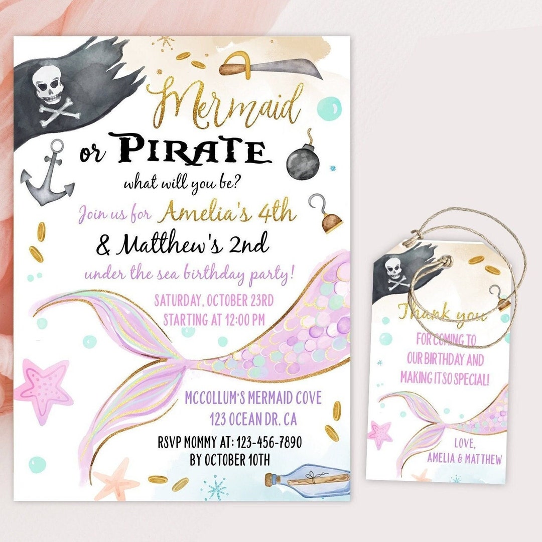 Mermaid and Pirate Birthday Invitation Under the Sea Invitation Sibling ...