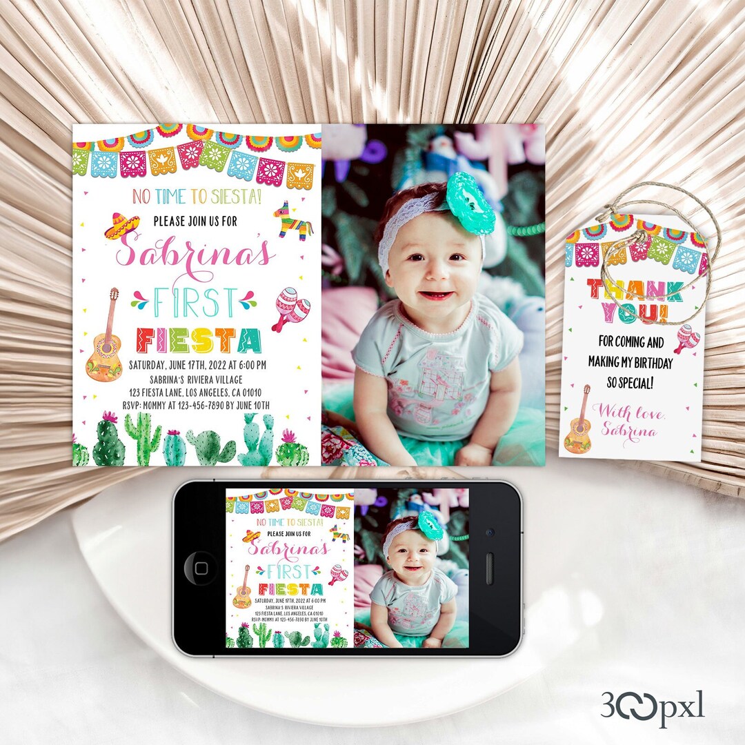 Fiesta Birthday Invitation Girl 1st Fiesta Mexican Party Cactus ...