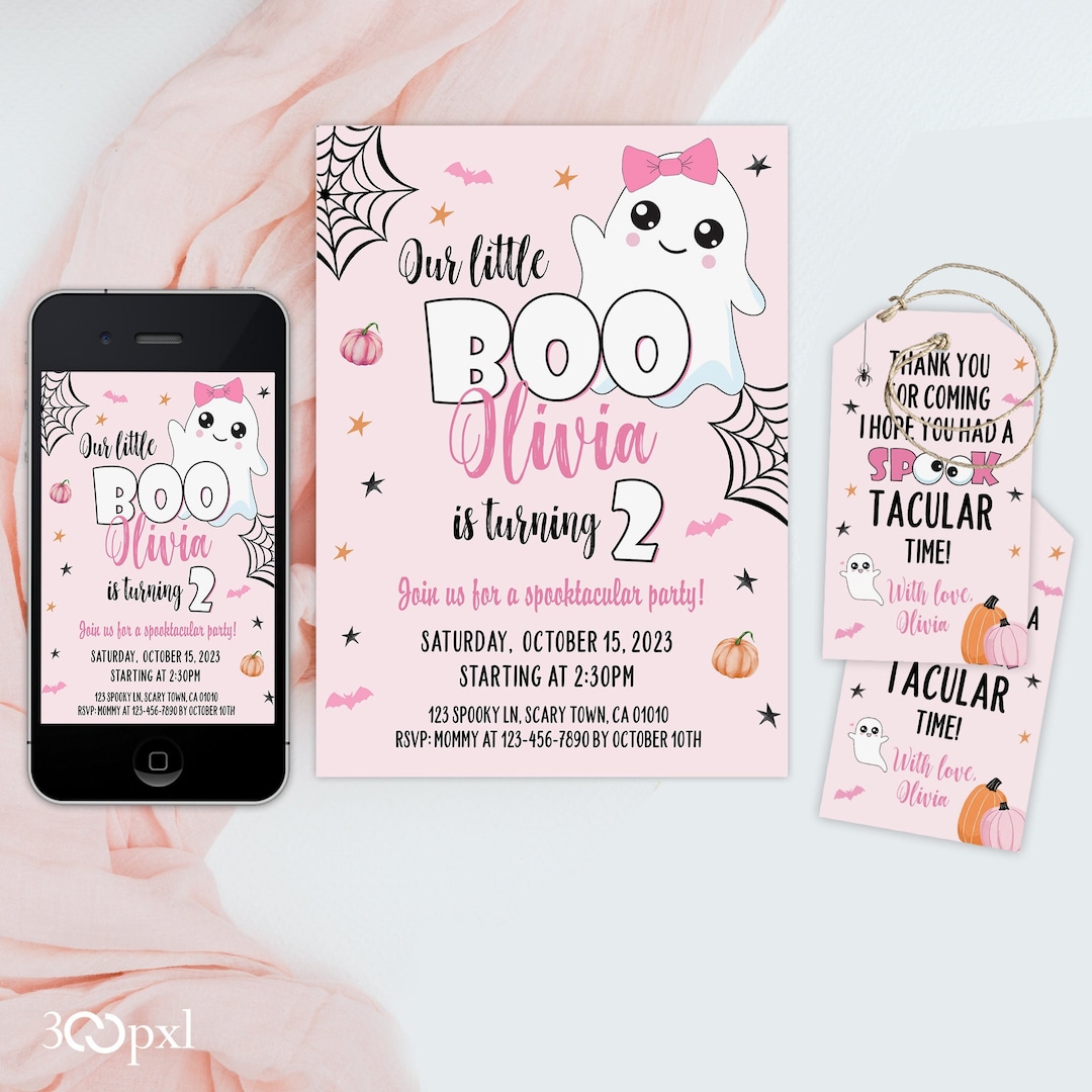 Halloween Pink Ghost Birthday Invitation Kids Halloween Party Spooky ...
