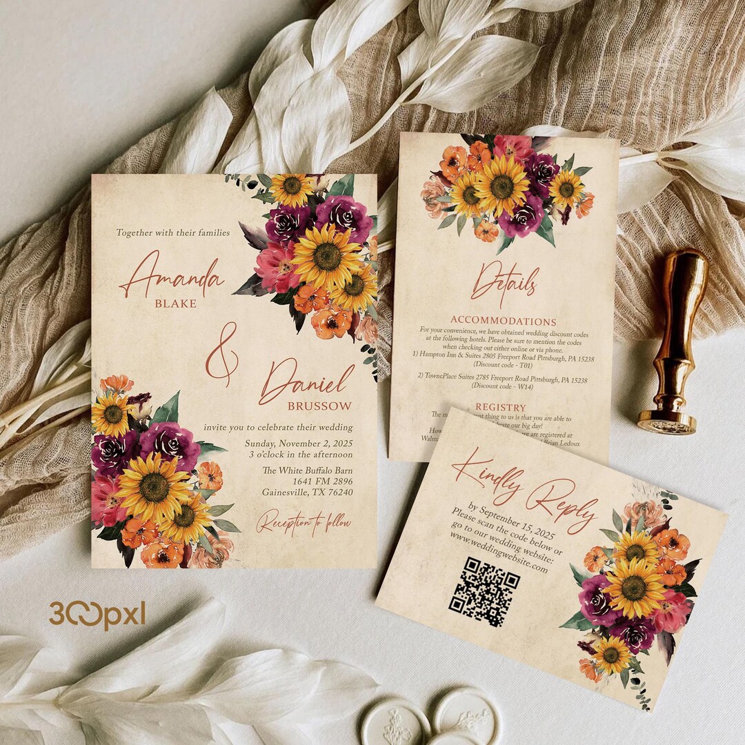 Rustic Sunflower Burgundy Floral Wedding Invitation Suite, Boho Autumn ...