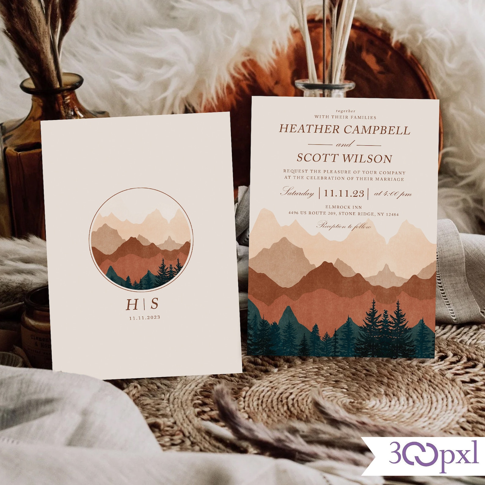 Rust Mountain Wedding Invitation Set, Terracotta Nature Adventure Theme ...