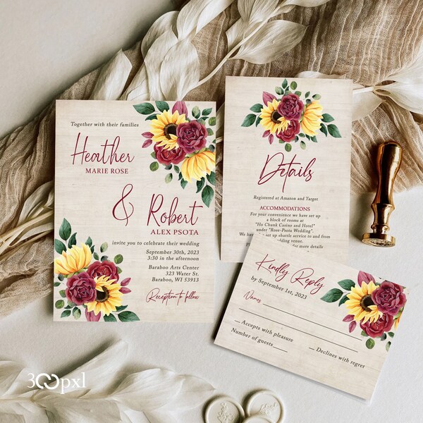 Rustic Sunflower Wedding Invitation Template - Etsy