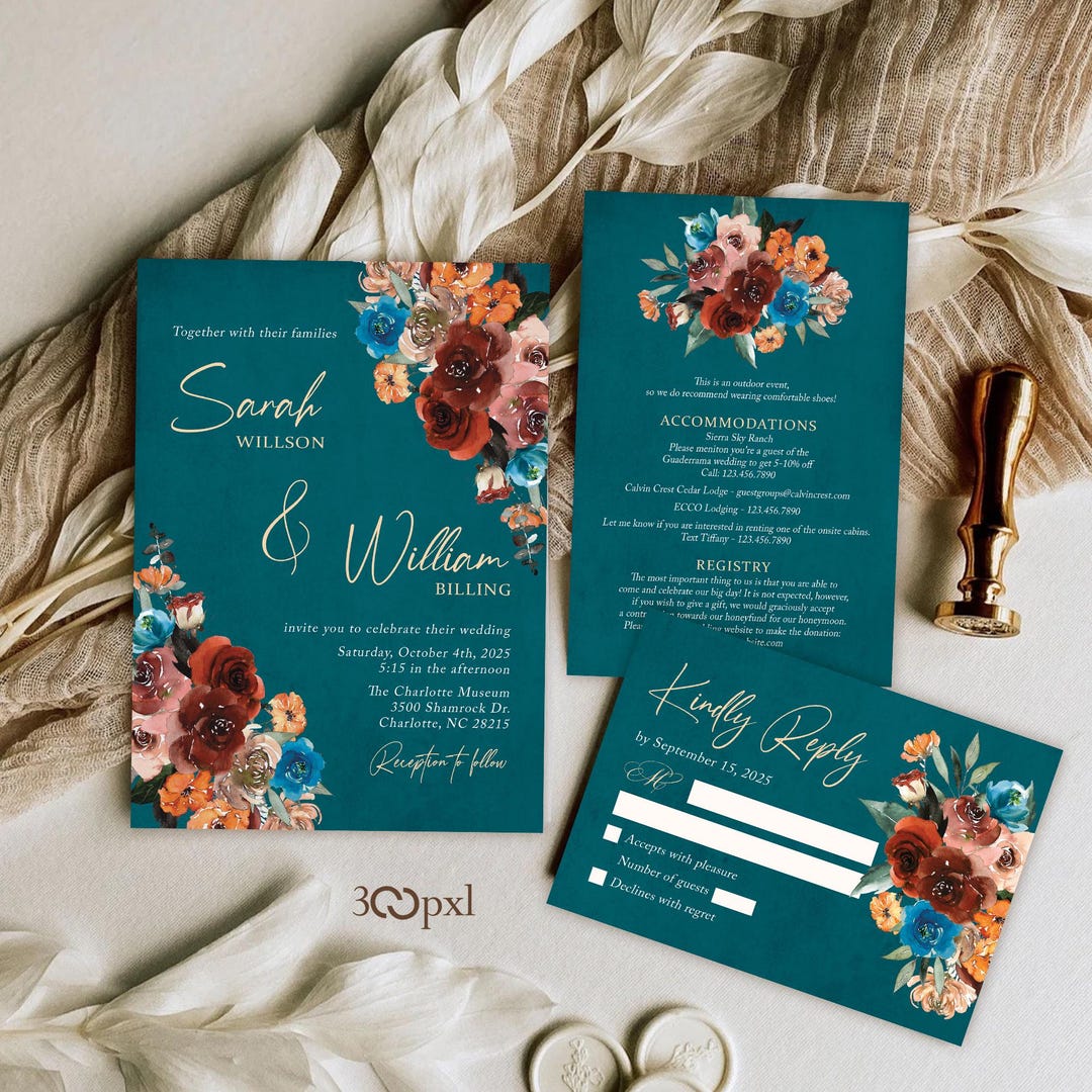 Rust Floral Fall Wedding Invitation Suite, Terracotta Teal Boho Autumn ...