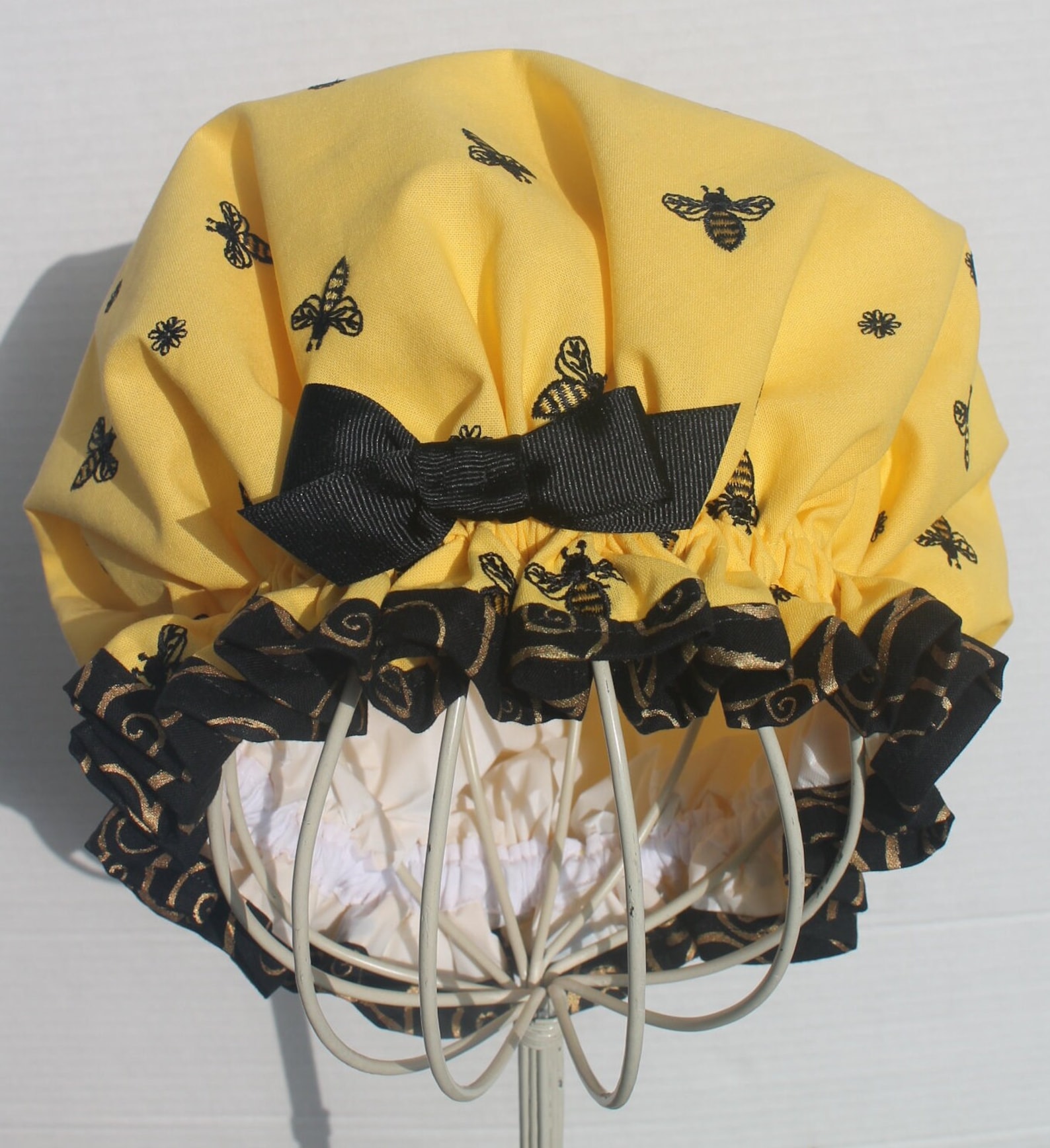 EMBROIDERED BUMBLE BEES Ladies Designer Shower Cap: Cotton Fabric ...