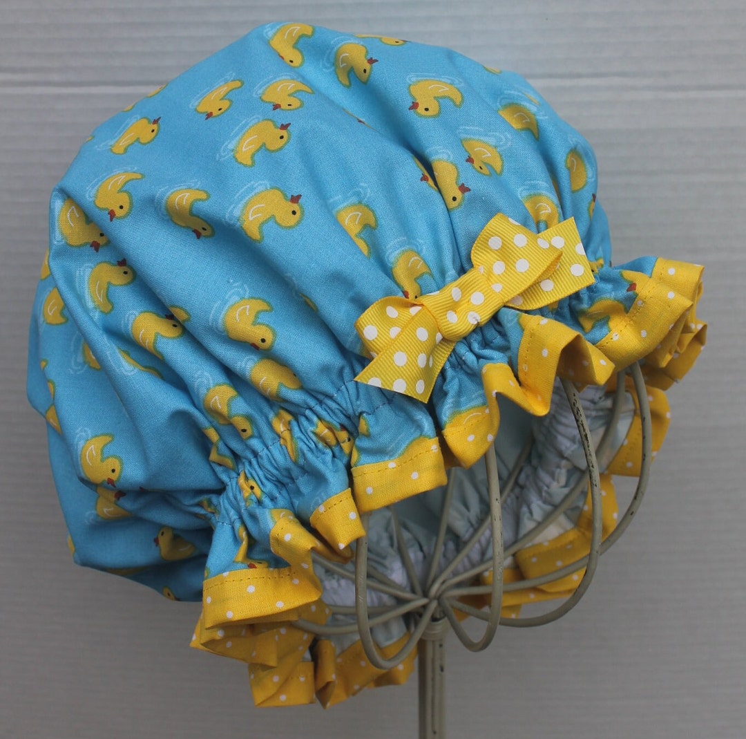 RUBBER DUCKS Cotton Fabric; Ladies Designer Shower Cap; Yellow With ...