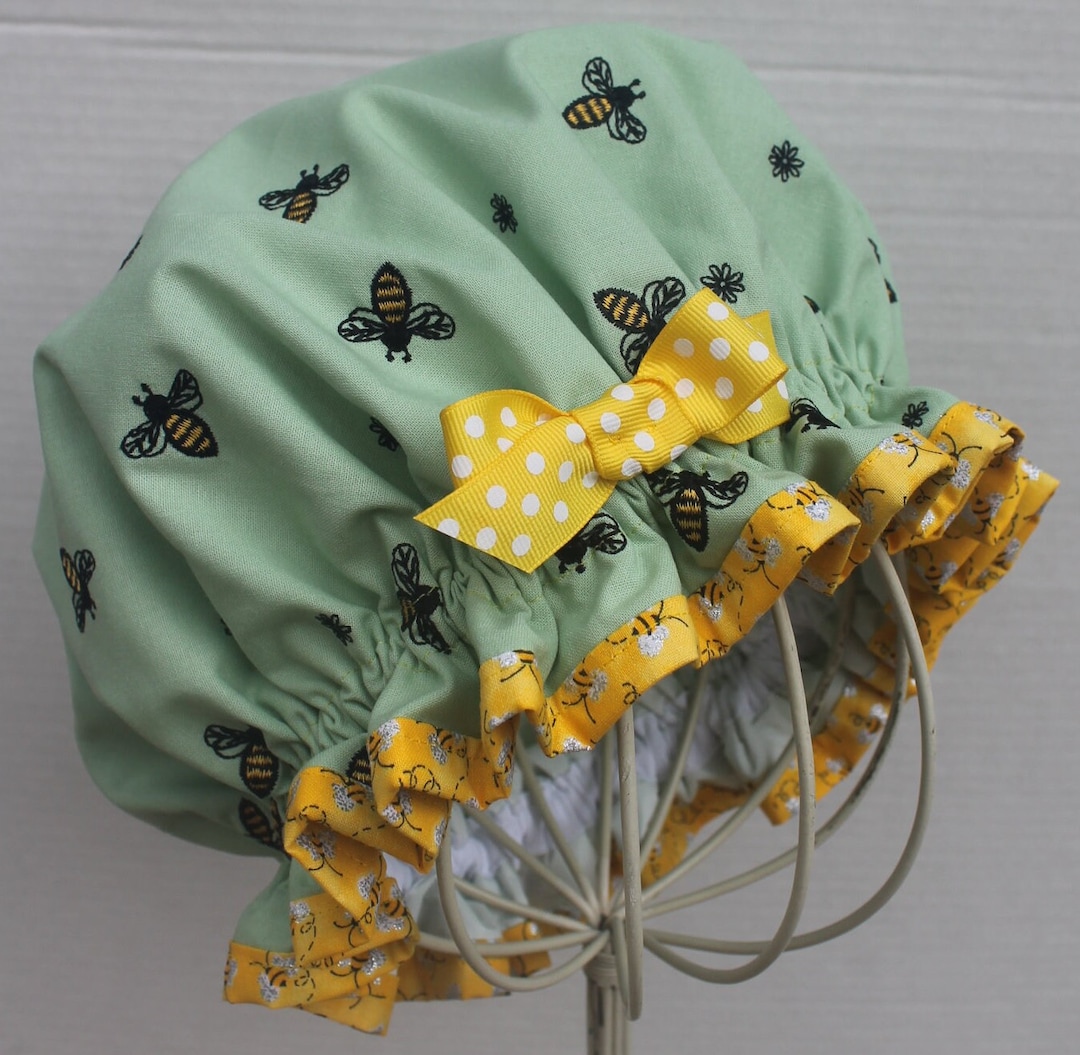 EMBROIDERED BUMBLE BEES Ladies Designer Shower Cap: Cotton Fabric ...
