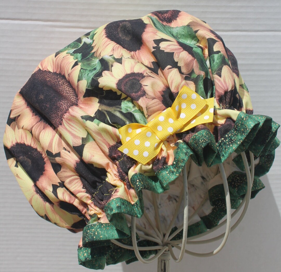 SUNFLOWERS PREMIUM Cotton Fabric Ladies Designer Shower Cap Green W ...