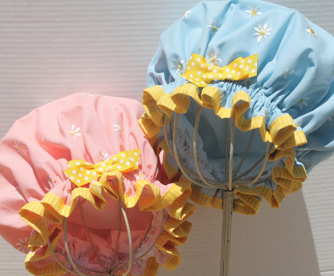 EMBROIDERED DAISY Ladies Designer Shower Cap: Cotton Fabric, CHOOSE ...