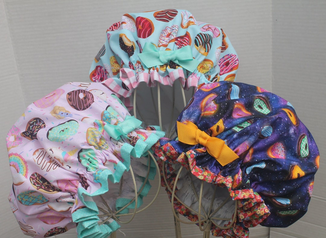 DOUGHNUT Novelty Cotton Fabric; Ladies Designer Shower Cap, Choose Your ...
