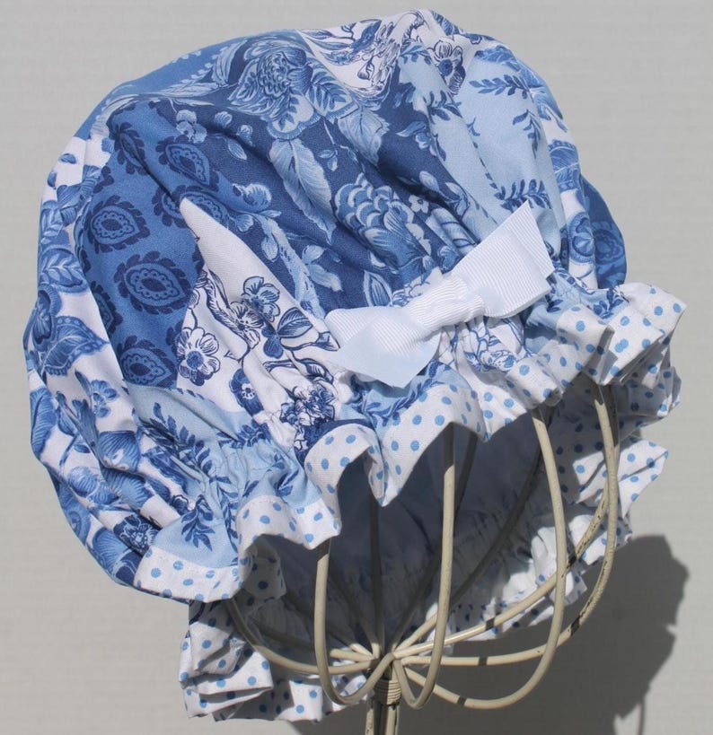 VINTAGE Blue FLOWERS PREMIUM Cotton Fabric; Ladies Designer Shower Cap ...