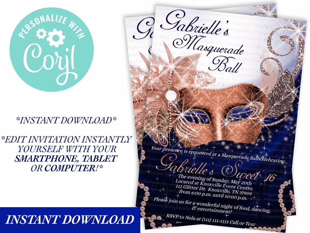 Navy and Rose Gold Masquerade Ball Invitation Masquerade - Etsy UK