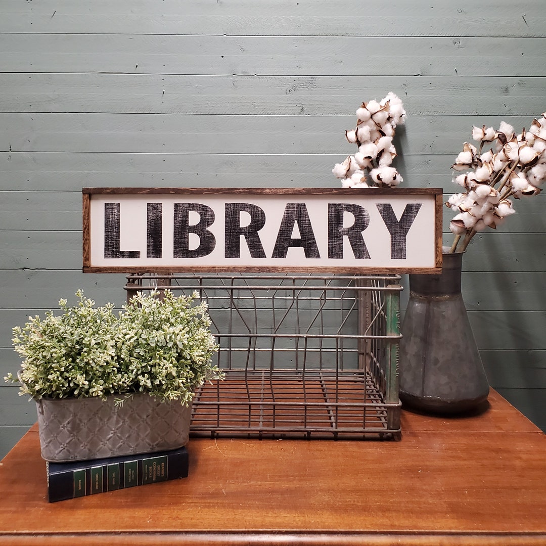 Library Sign, Library Decor, Wood Library Sign, Horizontal Library Sign ...