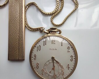 Complete 100 Year Old ELGIN 1923 Antique Vintage POCKET WATCH With Chain and Knife White and ...