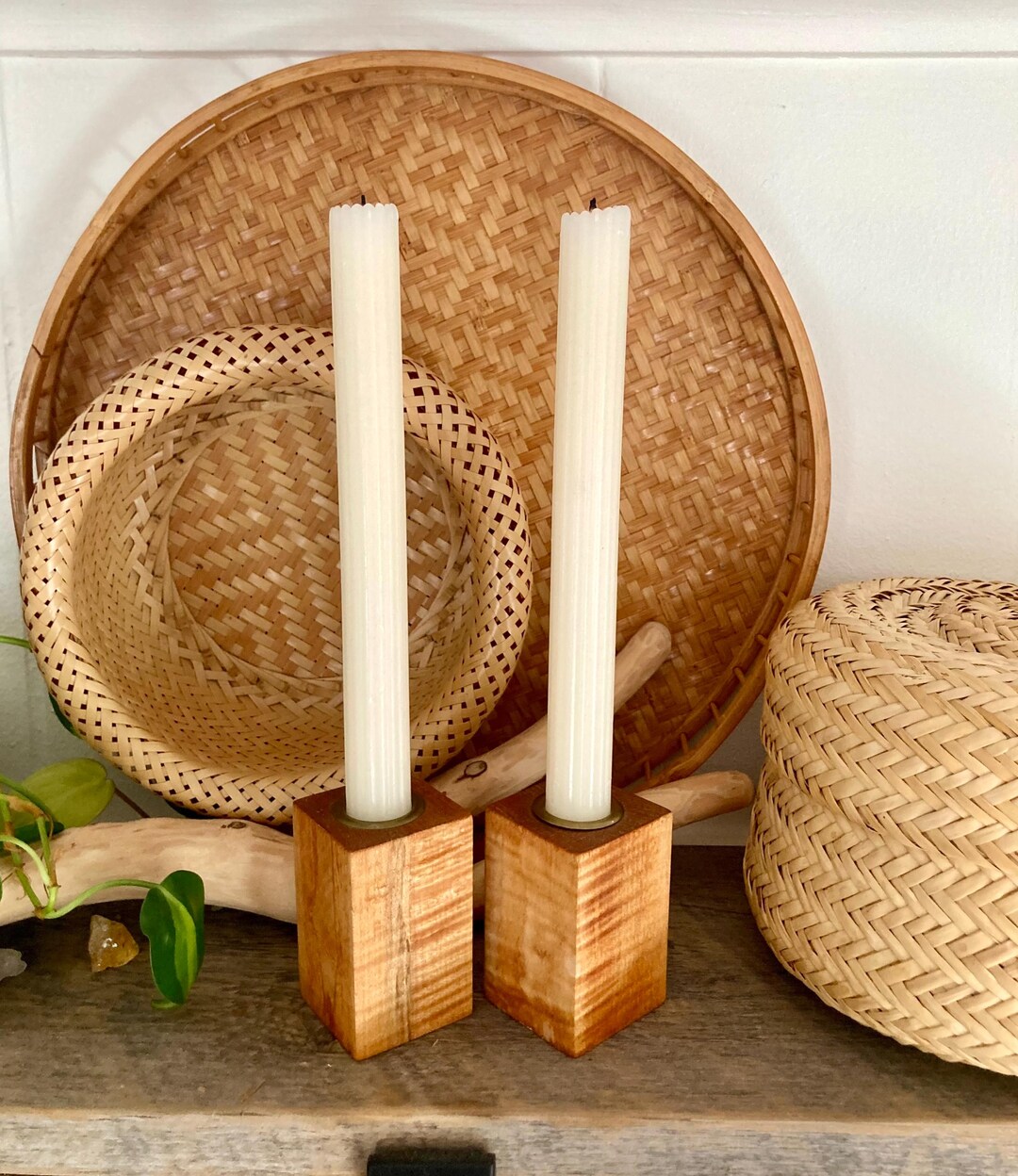 Vintage Pair of Simple Solid Wood Cube Taper Candle Holders Rustic ...