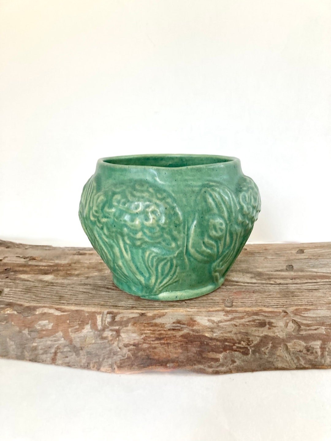 Vintage Matte Green Pottery Vase Planter Pot Embossed Floral and Leaf ...