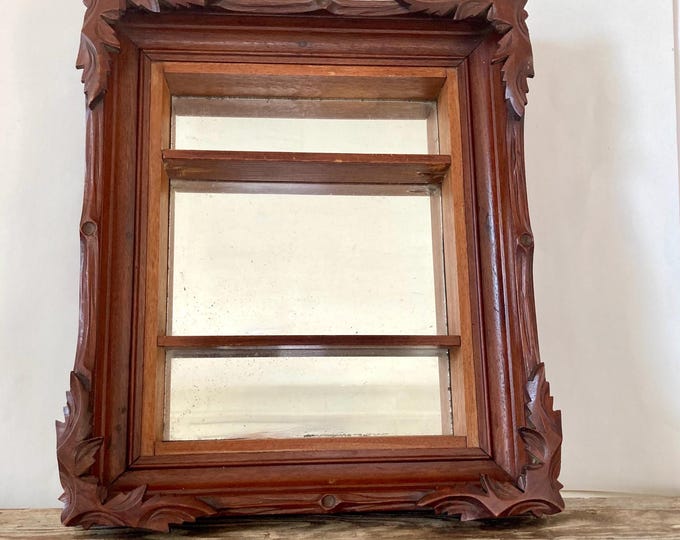 Hand Carved Walnut Wood Framed Mirror Curio Display Hanging Wall Shelf ...