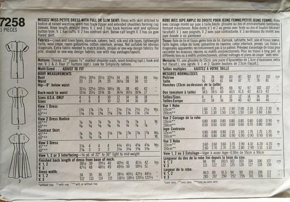 Simplicity 7258 Sewing Pattern vintage UNCUT | Etsy