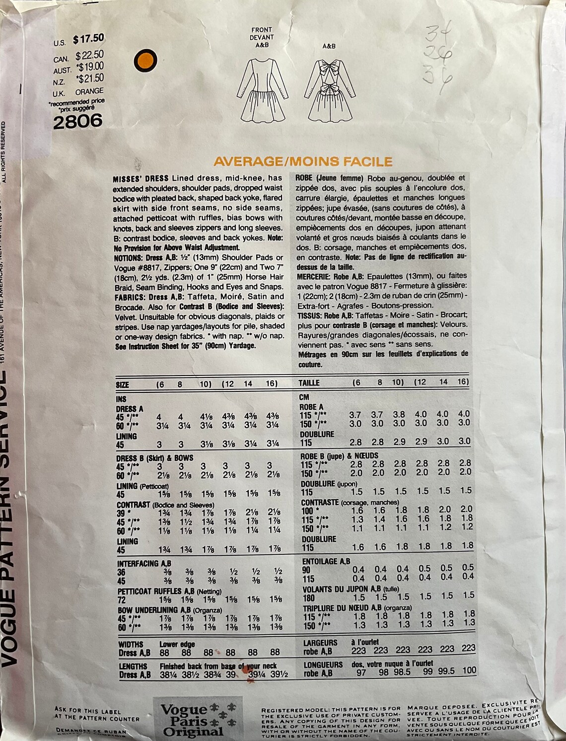 Vogue 2806 Sewing Pattern vintage CUT - Etsy
