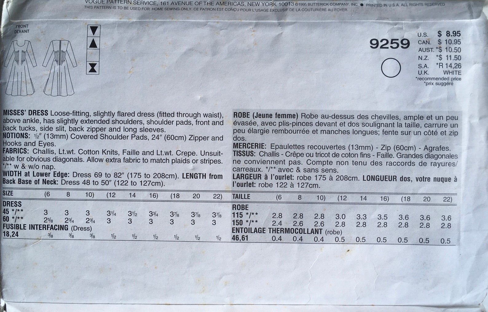 Vogue 9259 Sewing Pattern vintage CUT - Etsy