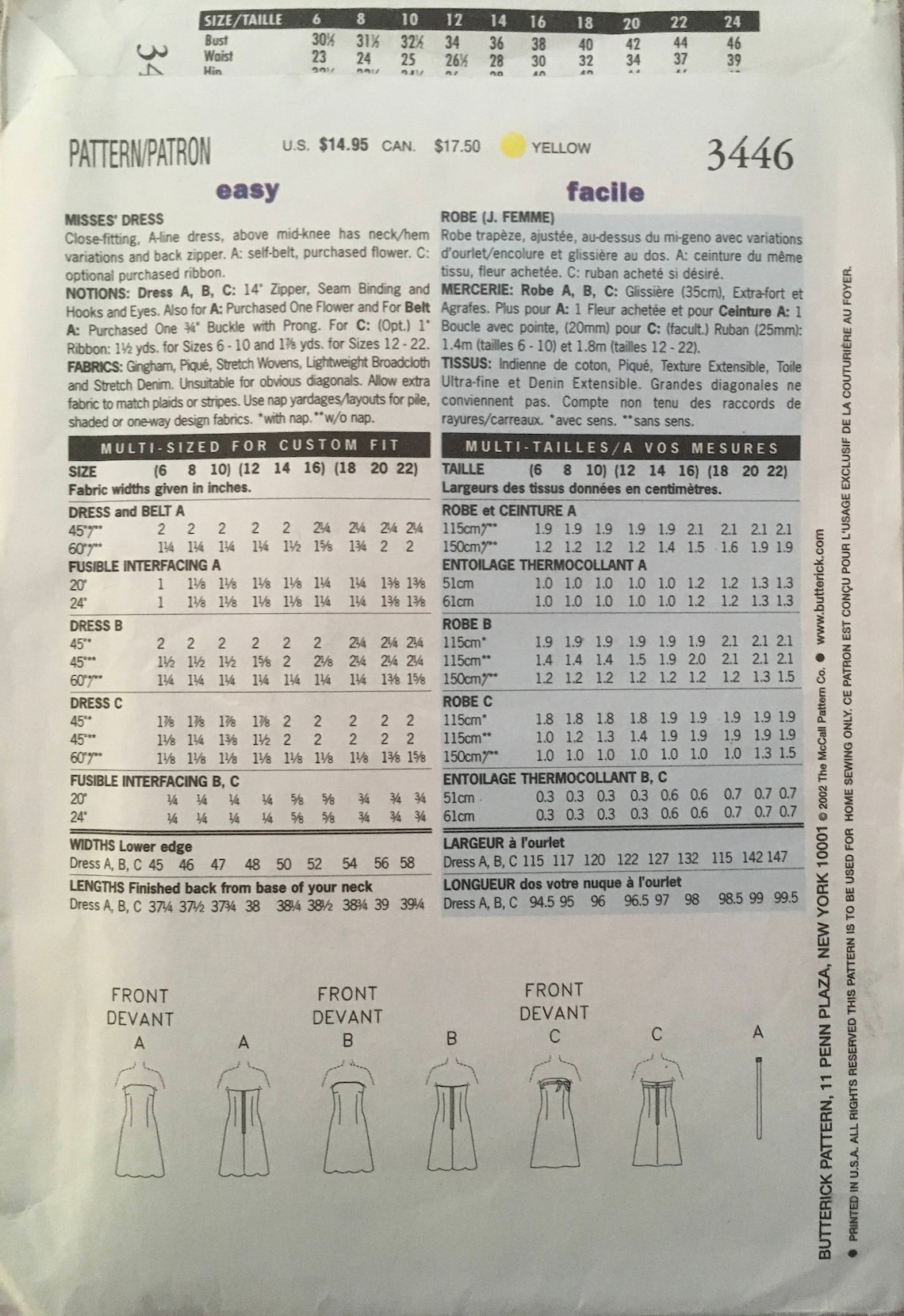 Butterick 3446 Sewing Pattern vintage CUT - Etsy