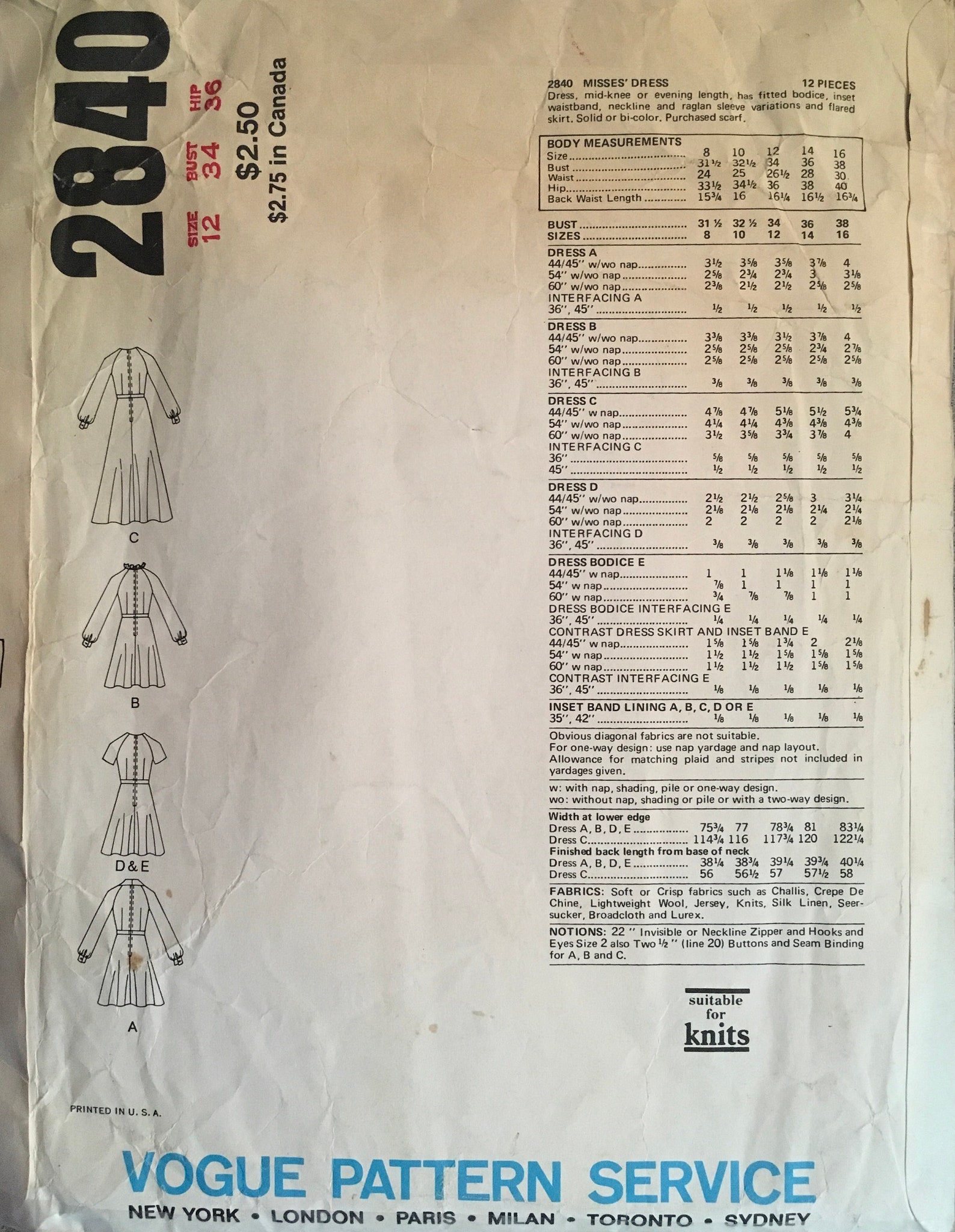 Vogue 2840 Sewing Pattern Vintage CUT | Etsy