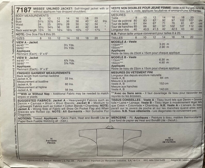 Mccall's 7187 Sewing Pattern vintage UNCUT - Etsy