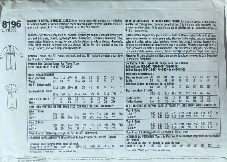 Simplicity 8196 Sewing Pattern vintage CUT | Etsy