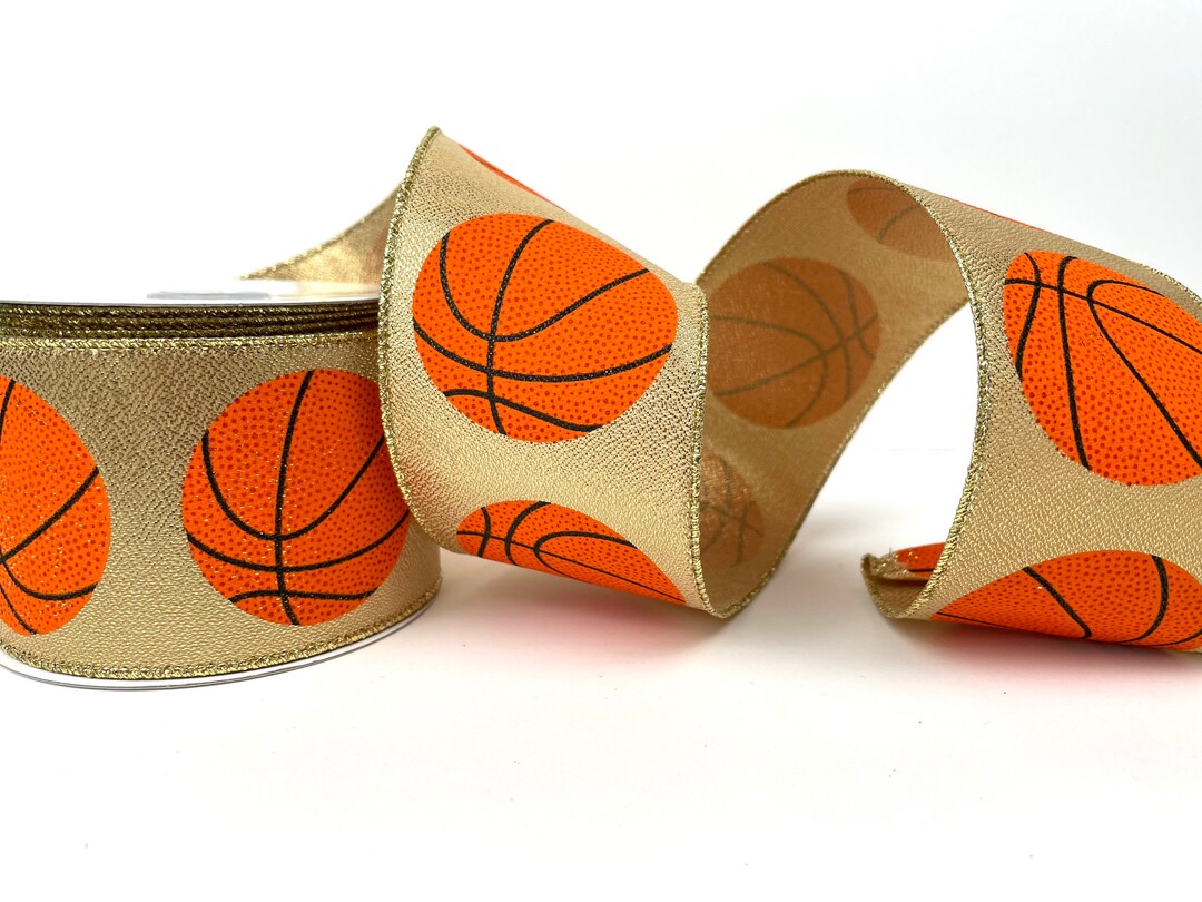 2.5" Gold Metallic With Basketballs Wired Ribbon 5 or 10 Yards Metallic ...