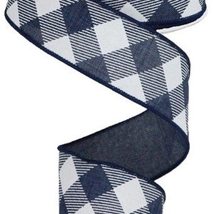 1.5" Navy Blue White Diagonal Check Buffalo Plaid Wired Ribbon 10 Yards ...