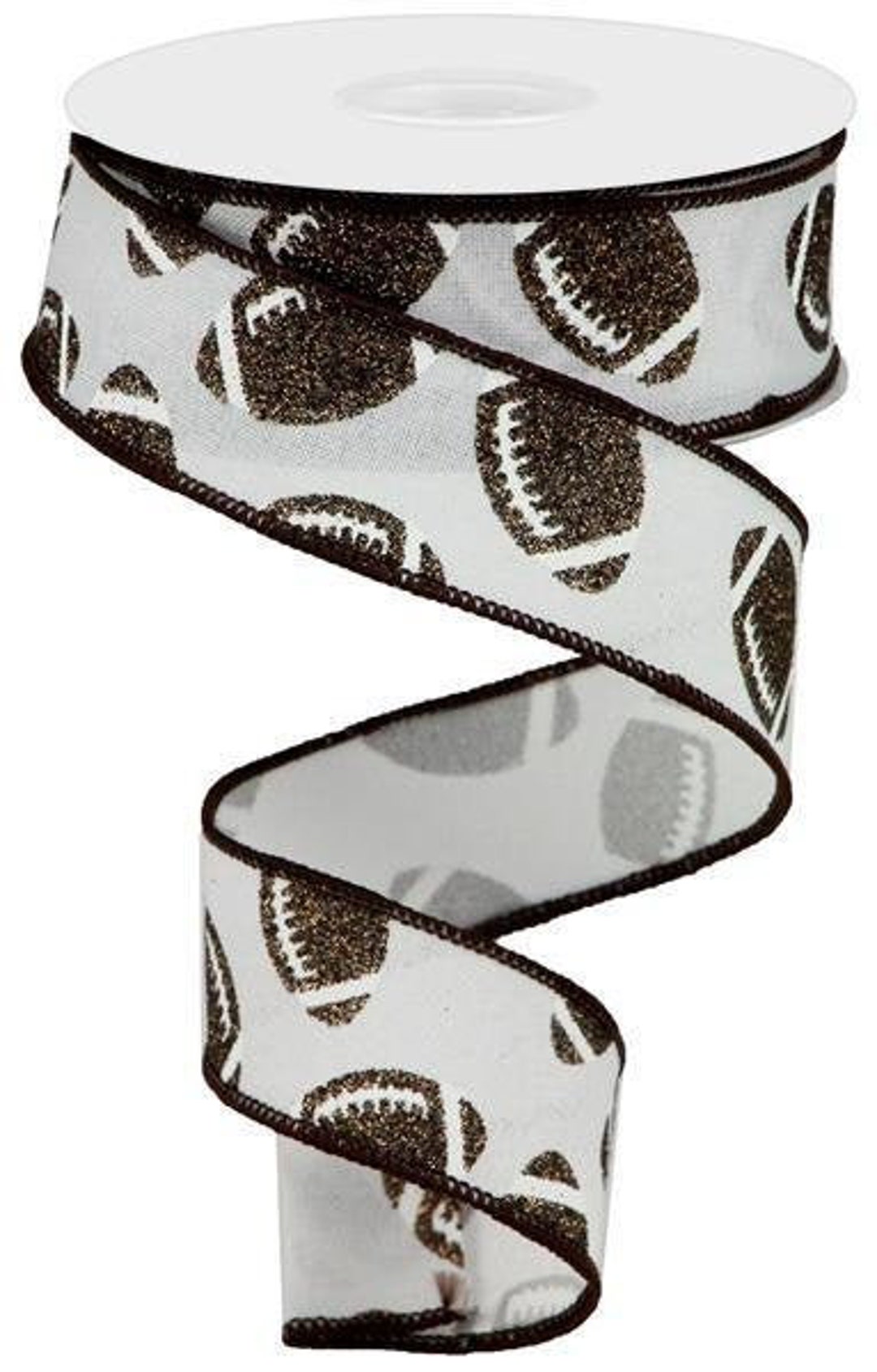 1.5" White Glitter Footballs Wired Ribbon 5 or 10 Yards Football Sports ...