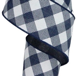 2.5" Navy Blue White Diagonal Check Buffalo Plaid Wired Ribbon 10 Yards ...