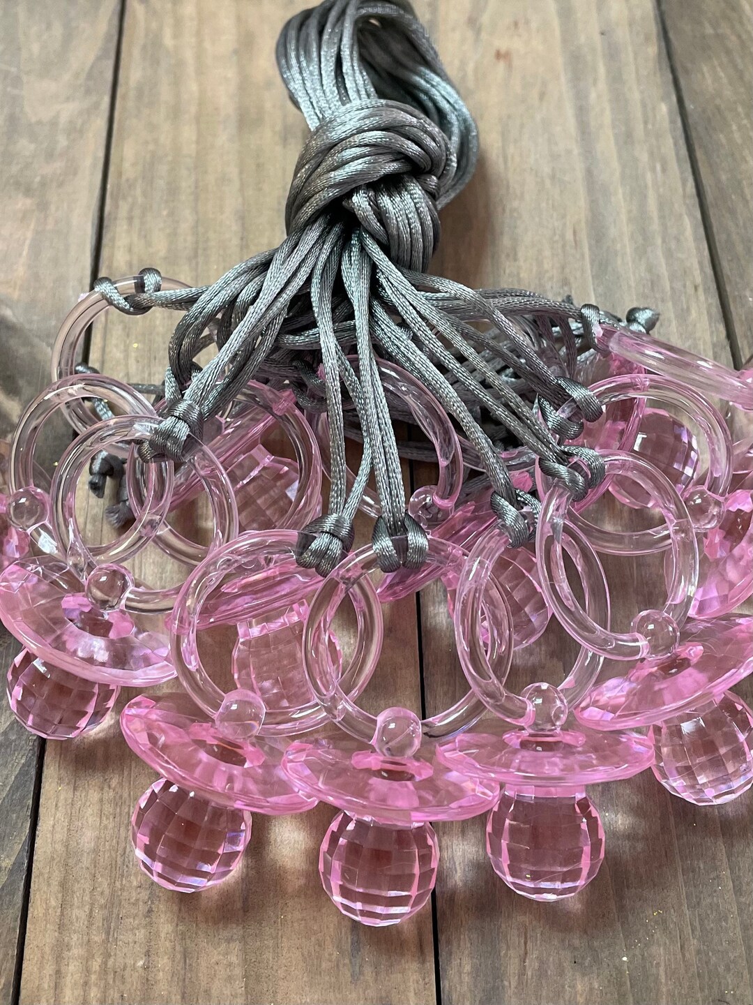 Baby Shower Light Pink Diamond Cut Pacifiers With Gray String for Baby ...