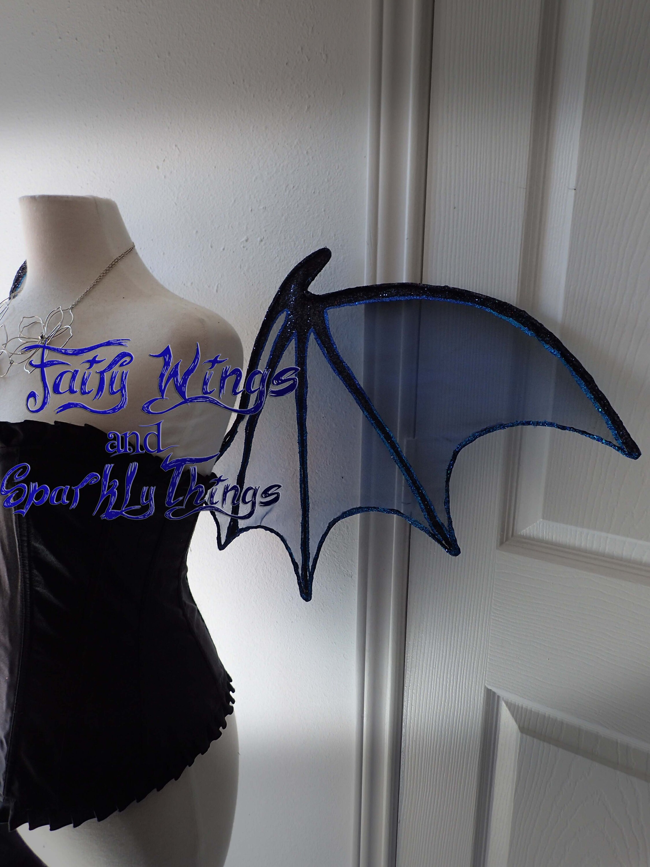 Blue and Black Gothic Vampire Bat Adult Sized Fairy Wings W Holographic ...
