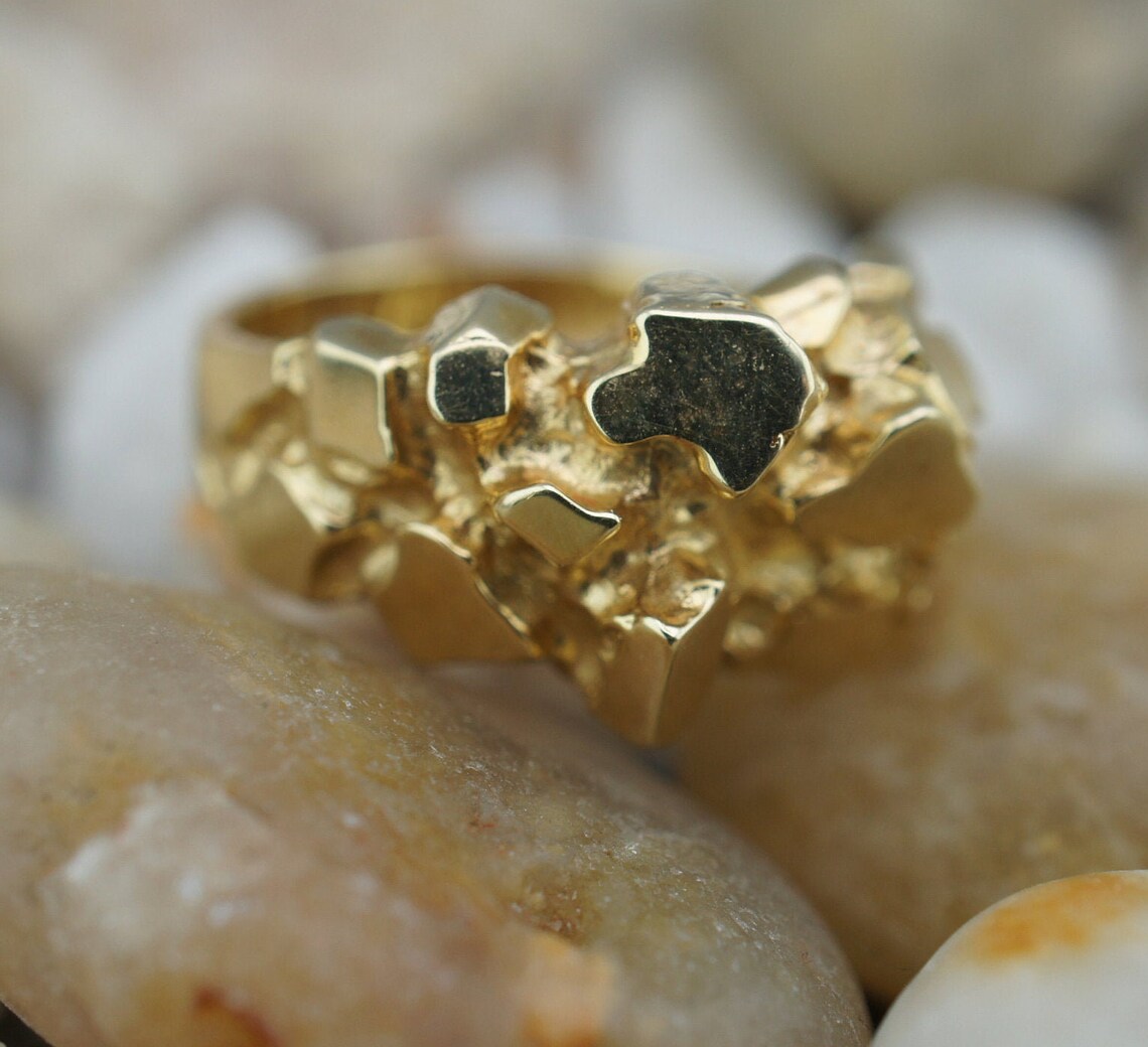 14K SOLID GOLD Yellow Gold Nugget Mens Ring Wide Jewelry Size 7 3/4 ...