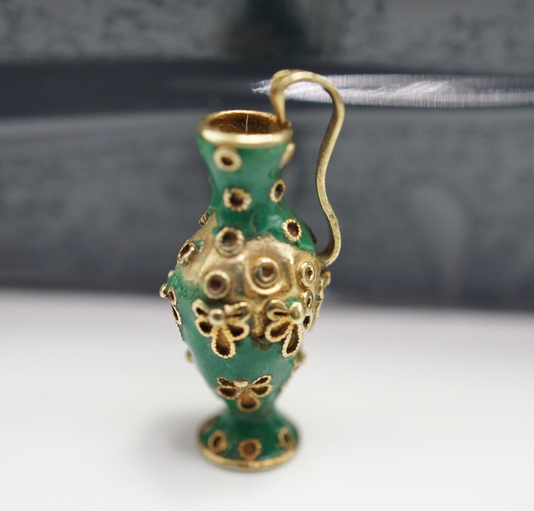 18K Enamel Ewer Fob Pendant Antique Etruscan Yellow Gold Green Enamel ...