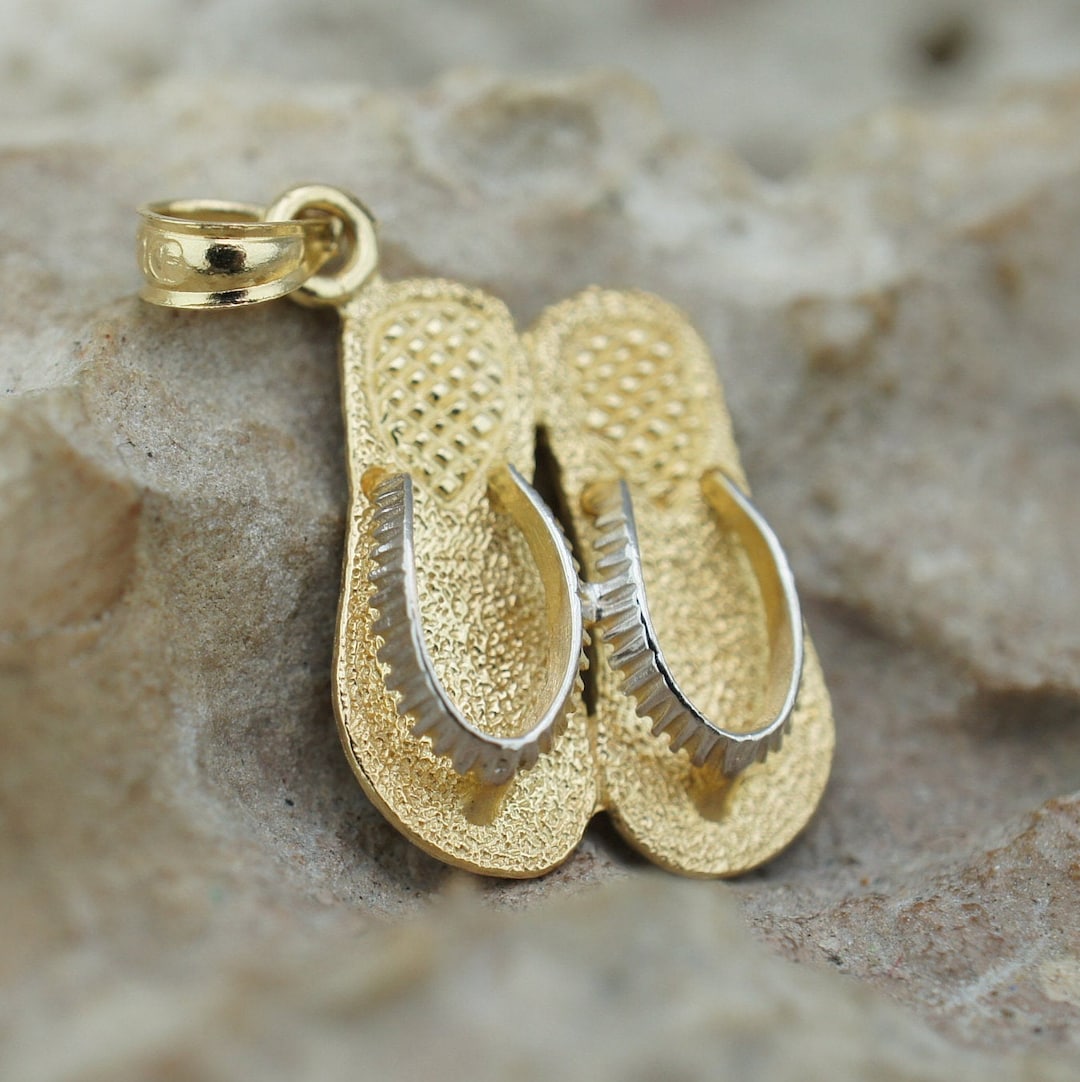 Solid Gold Pendant 14K Heart Sandals Flip Flops Yellow White Art Deco ...