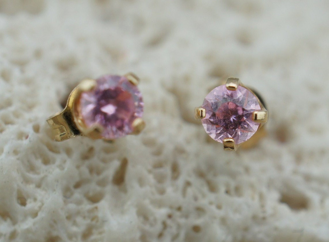 14k Solid Gold Vintage Art Deco Bolt Stud Earrings With Pink | Etsy