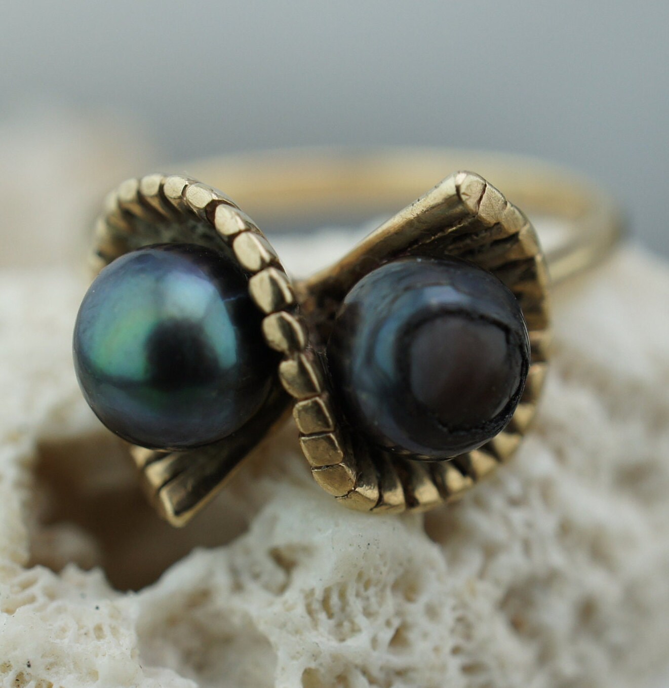 10K PC Yellow Solid Gold Ring With Black Pearls Stone Gemstone Jewelry ...