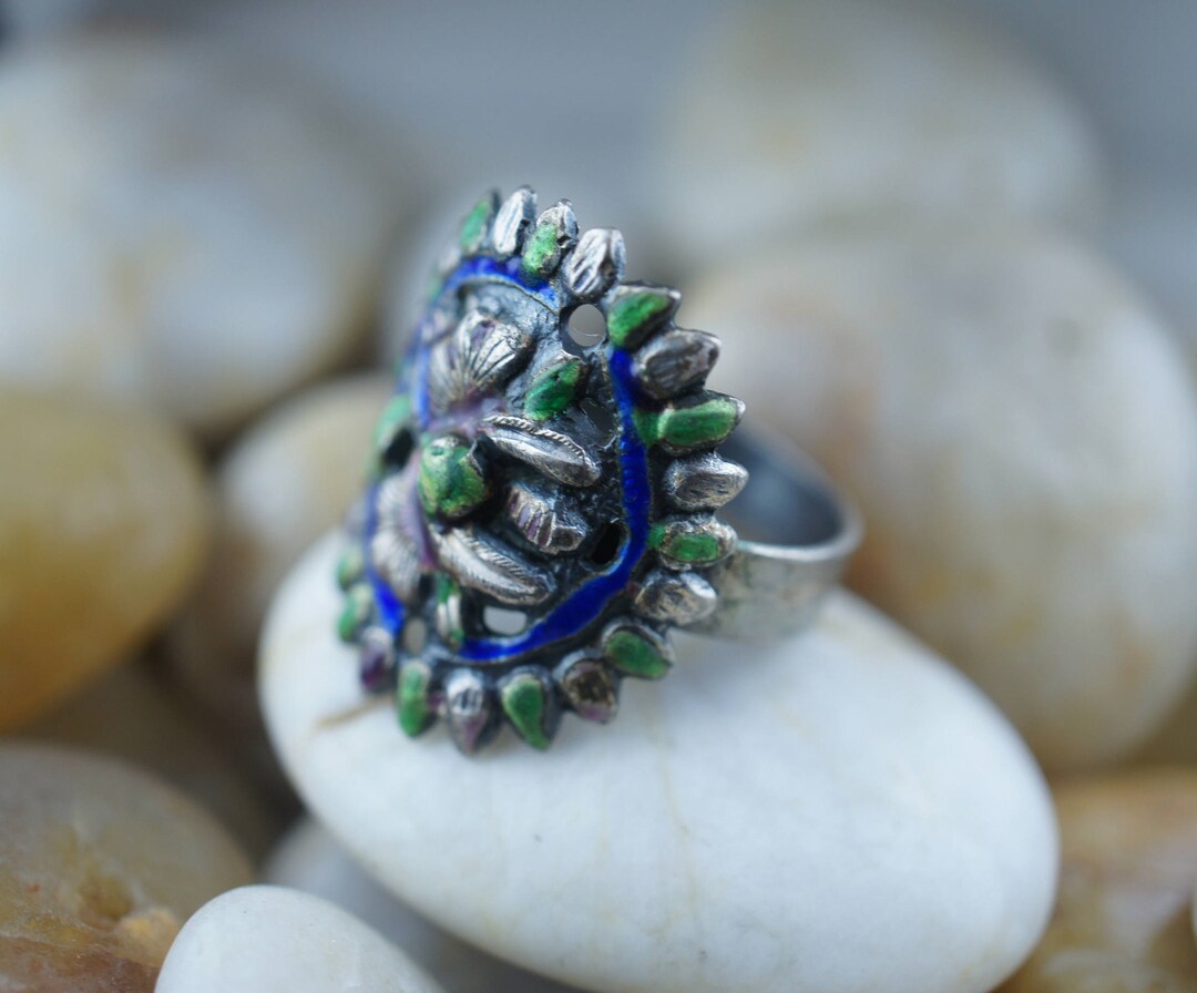 925 STERLING SILVER Ring Native American Size 7.5 Band Floral Design ...