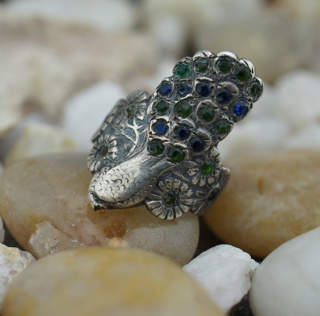 925 Sterling Silver Peacock Design Wide Ring Size 5.5 CZ Green Blue ...