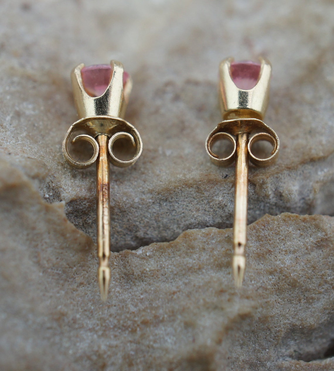 14k Solid Gold Vintage Art Deco Bolt Stud Earrings With Pink - Etsy