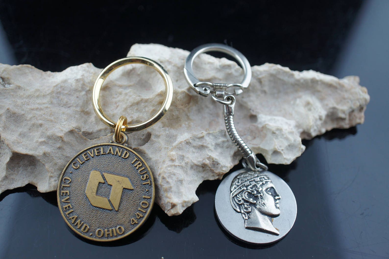 Vintage Art Deco Keychain Set of 2 Bronze Silver Tone CT - Etsy